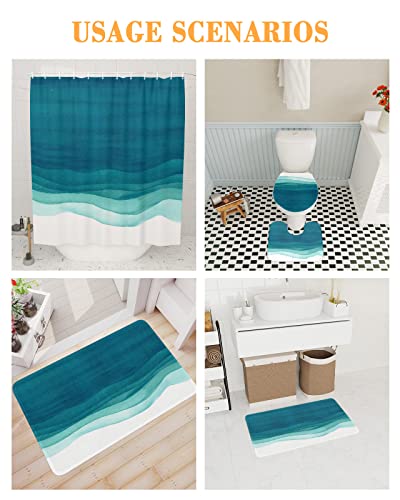 4 Pcs Shower Curtain Set with 12 Hooks Watercolor Teal and White Gradient Bathroom Sets with Non-Slip Bath Mat Toilet Lid Cover Waterproof Durable Shower Curtain and Rugs