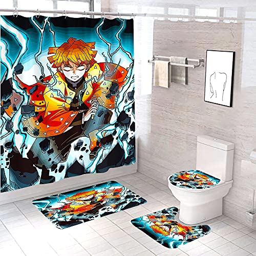 daweitianlong 4 Piece Anime Shower Curtain Set with Non-Slip Rug, Thickened Toilet Lid Cover and Bath Mat,Waterproof Anime Shower Curtain Sets for Bathroom With12 Hooks 71x71 inch, 10