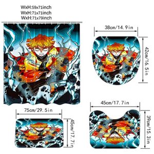 daweitianlong 4 Piece Anime Shower Curtain Set with Non-Slip Rug, Thickened Toilet Lid Cover and Bath Mat,Waterproof Anime Shower Curtain Sets for Bathroom With12 Hooks 71x71 inch, 10