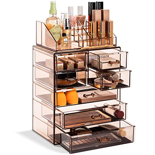 Sorbus Clear Cosmetic Makeup Organizer - Make Up & Jewelry Storage, Case & Display - Spacious Design - Great Holder for Dresser, Bathroom, Vanity & Countertop (3 Large, 4 Small Drawers - Bronze Glow)