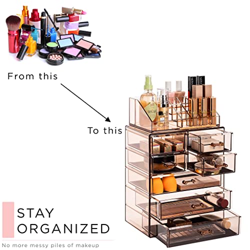 Sorbus Clear Cosmetic Makeup Organizer - Make Up & Jewelry Storage, Case & Display - Spacious Design - Great Holder for Dresser, Bathroom, Vanity & Countertop (3 Large, 4 Small Drawers - Bronze Glow)