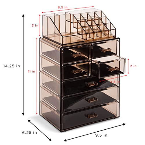 Sorbus Clear Cosmetic Makeup Organizer - Make Up & Jewelry Storage, Case & Display - Spacious Design - Great Holder for Dresser, Bathroom, Vanity & Countertop (3 Large, 4 Small Drawers - Bronze Glow)