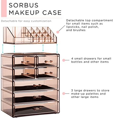 Sorbus Clear Cosmetic Makeup Organizer - Make Up & Jewelry Storage, Case & Display - Spacious Design - Great Holder for Dresser, Bathroom, Vanity & Countertop (3 Large, 4 Small Drawers - Bronze Glow)