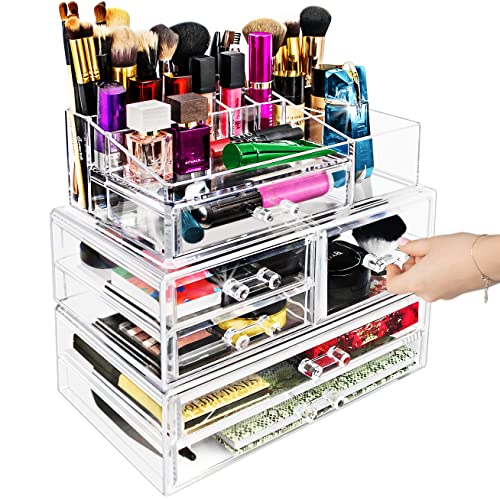 Sorbus Huge Acrylic Makeup Organizer - Extra Large Makeup Case & Display - Stackable 3 Piece Cosmetic Organizers and Storage Set with Acrylic Drawers - Great Vanity, Dresser & Bathroom Organizer