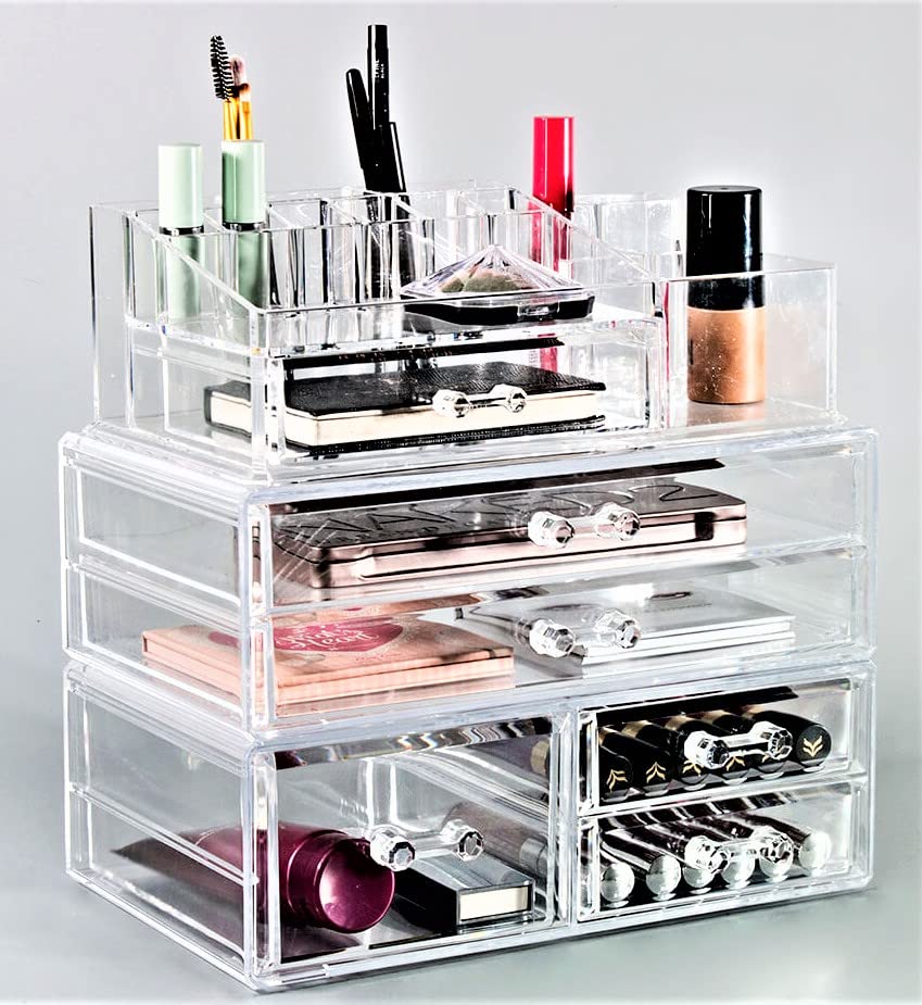 Sorbus Huge Acrylic Makeup Organizer - Extra Large Makeup Case & Display - Stackable 3 Piece Cosmetic Organizers and Storage Set with Acrylic Drawers - Great Vanity, Dresser & Bathroom Organizer