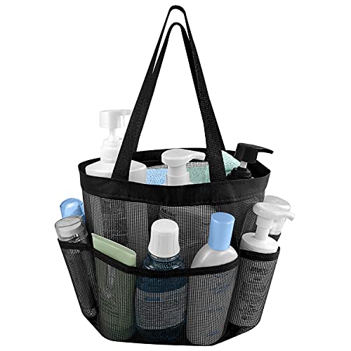 Mesh Shower Caddy Basket with 8 Storage Pockets, Portable Shower Tote Bag Hanging Swimming Pool, Toiletry Bathroom Organizer for College Dorm Room Essentials for Girls and Boys (1, Black)