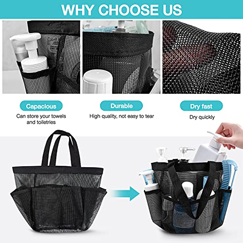 Mesh Shower Caddy Basket with 8 Storage Pockets, Portable Shower Tote Bag Hanging Swimming Pool, Toiletry Bathroom Organizer for College Dorm Room Essentials for Girls and Boys (1, Black)