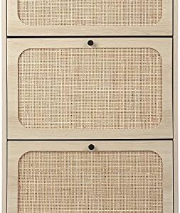 Pvillez Natural Rattan Shoe Cabinet, Modern Free Standing Shoe Racks Storage Cabinet with 3 Flip Drawers and Storage Shelves, Narrow Shoe Rack Cabinet for Entryway, Hallway, Bedroom, Natural