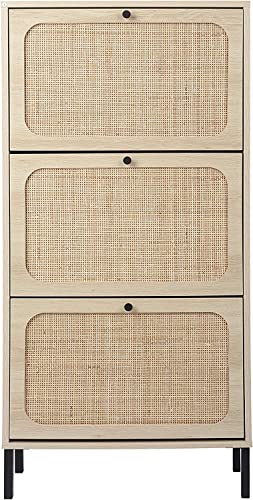 Pvillez Natural Rattan Shoe Cabinet, Modern Free Standing Shoe Racks Storage Cabinet with 3 Flip Drawers and Storage Shelves, Narrow Shoe Rack Cabinet for Entryway, Hallway, Bedroom, Natural