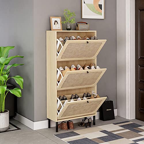 Pvillez Natural Rattan Shoe Cabinet, Modern Free Standing Shoe Racks Storage Cabinet with 3 Flip Drawers and Storage Shelves, Narrow Shoe Rack Cabinet for Entryway, Hallway, Bedroom, Natural