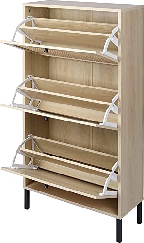 Pvillez Natural Rattan Shoe Cabinet, Modern Free Standing Shoe Racks Storage Cabinet with 3 Flip Drawers and Storage Shelves, Narrow Shoe Rack Cabinet for Entryway, Hallway, Bedroom, Natural