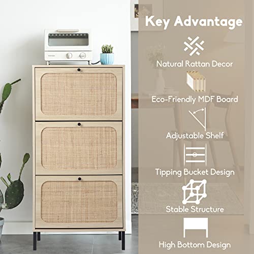 Pvillez Natural Rattan Shoe Cabinet, Modern Free Standing Shoe Racks Storage Cabinet with 3 Flip Drawers and Storage Shelves, Narrow Shoe Rack Cabinet for Entryway, Hallway, Bedroom, Natural