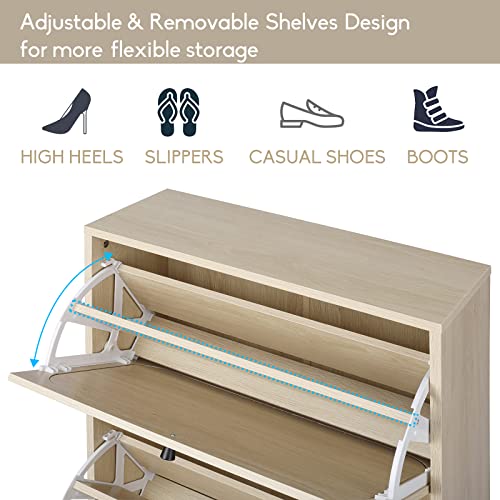 Pvillez Natural Rattan Shoe Cabinet, Modern Free Standing Shoe Racks Storage Cabinet with 3 Flip Drawers and Storage Shelves, Narrow Shoe Rack Cabinet for Entryway, Hallway, Bedroom, Natural