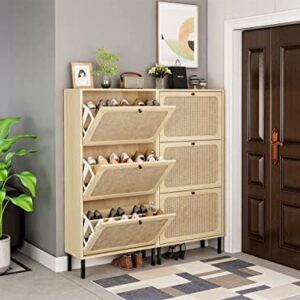 Pvillez Natural Rattan Shoe Cabinet, Modern Free Standing Shoe Racks Storage Cabinet with 3 Flip Drawers and Storage Shelves, Narrow Shoe Rack Cabinet for Entryway, Hallway, Bedroom, Natural