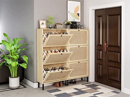 Pvillez Natural Rattan Shoe Cabinet, Modern Free Standing Shoe Racks Storage Cabinet with 3 Flip Drawers and Storage Shelves, Narrow Shoe Rack Cabinet for Entryway, Hallway, Bedroom, Natural