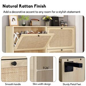 Pvillez Natural Rattan Shoe Cabinet, Modern Free Standing Shoe Racks Storage Cabinet with 3 Flip Drawers and Storage Shelves, Narrow Shoe Rack Cabinet for Entryway, Hallway, Bedroom, Natural