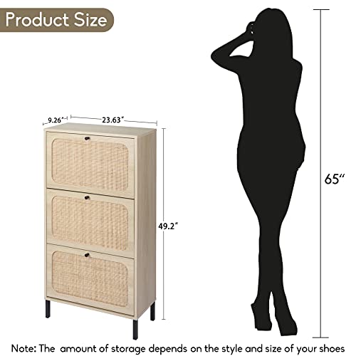 Pvillez Natural Rattan Shoe Cabinet, Modern Free Standing Shoe Racks Storage Cabinet with 3 Flip Drawers and Storage Shelves, Narrow Shoe Rack Cabinet for Entryway, Hallway, Bedroom, Natural