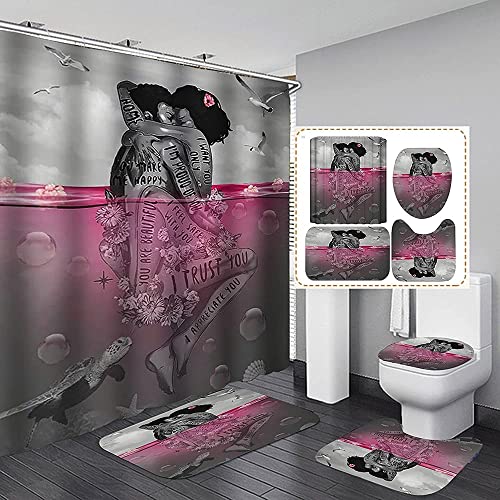 4PCS African American Shower Curtain with Non-Slip Rugs,Bath Mat and Toilet Lid Cover,Waterproof Polyester Fabric Black Shower Curtain Sets with 12 Hooks,Cool Typeface Pattern Bath Curtains for Man