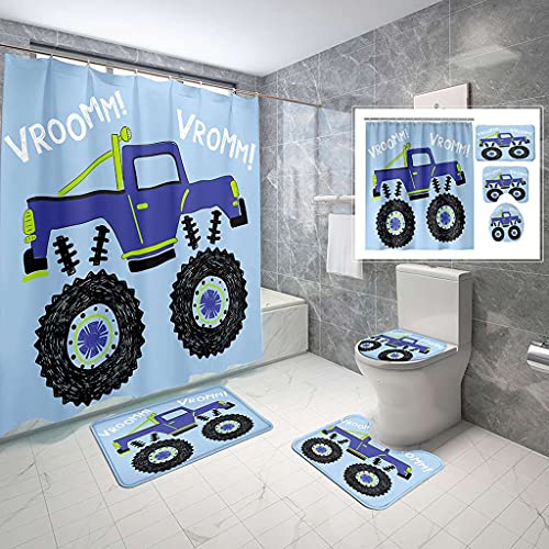 Svnthqp 4 Piece Monster Truck Waterproof Fabric Bathroom Sets with Non-Slip Rugs, Toilet Lid Cover and Bath Mat, Waterproof Shower Curtain with Standard Size