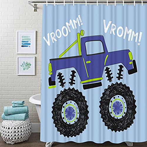 Svnthqp 4 Piece Monster Truck Waterproof Fabric Bathroom Sets with Non-Slip Rugs, Toilet Lid Cover and Bath Mat, Waterproof Shower Curtain with Standard Size