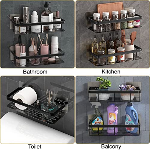 Vphom Corner Shower Caddy, Adhesive Shower Rack Organizer with Soap Dish & Hooks, No Drilling Rustproof Black Shower Shelf for Bathroom, Toilet, Kitchen-4 Pack