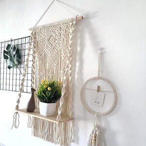 Handmade Macrame Wall Hanging Shelf,Bohemian Wooden Handmade Macrame Wall Hanging Rope Shelf Floating Plant Rack Stand Macrame Tapestry for Home Decor Ornament