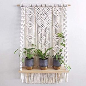 handmade macrame wall hanging shelf,bohemian wooden handmade macrame wall hanging rope shelf floating plant rack stand macrame tapestry for home decor ornament