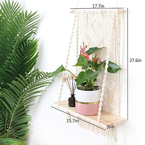 Handmade Macrame Wall Hanging Shelf,Bohemian Wooden Handmade Macrame Wall Hanging Rope Shelf Floating Plant Rack Stand Macrame Tapestry for Home Decor Ornament