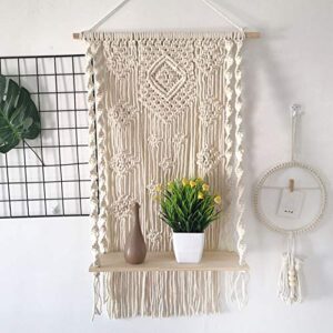 Handmade Macrame Wall Hanging Shelf,Bohemian Wooden Handmade Macrame Wall Hanging Rope Shelf Floating Plant Rack Stand Macrame Tapestry for Home Decor Ornament