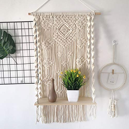 Handmade Macrame Wall Hanging Shelf,Bohemian Wooden Handmade Macrame Wall Hanging Rope Shelf Floating Plant Rack Stand Macrame Tapestry for Home Decor Ornament