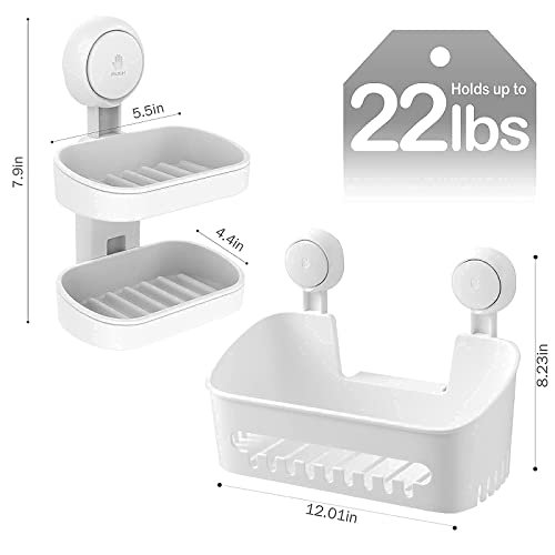 LEVERLOC Shower Caddy Suction Cup Soap Dish Suction Cup Double Layer One Second Installation NO-Drilling Removable Powerful Suction Shower Caddy Suction Cup Waterproof Organizer - White