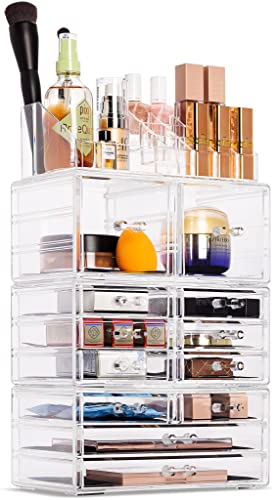 Sorbus Large Clear Makeup Organizer - Detachable Spacious Cosmetic Display Tower - Jewelry & Make Up Organizers & Storage Case - Acrylic Makeup Organizer for Vanity, Bathroom, Dresser & Countertop