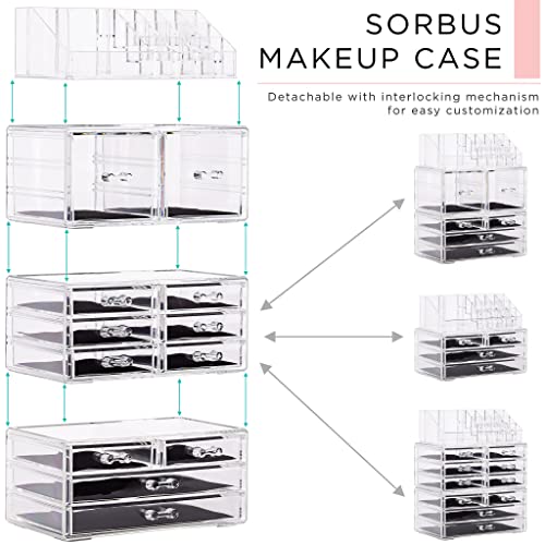 Sorbus Large Clear Makeup Organizer - Detachable Spacious Cosmetic Display Tower - Jewelry & Make Up Organizers & Storage Case - Acrylic Makeup Organizer for Vanity, Bathroom, Dresser & Countertop