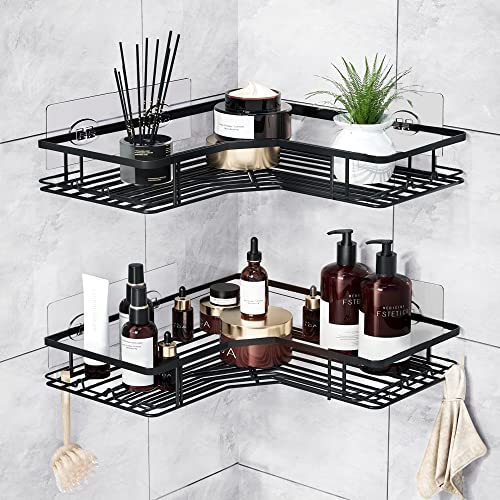 Ookeg 2 Pack Shower Caddy Corner, Corner Shower Shelf for Bathroom, 2 Tier Shower Corner Shelf with 8 Hooks, No Drilling Self Adhesive