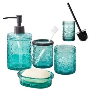 5pcs teal blue glass bathroom accessories set & toilet brush and holder with decorative pressed pattern - includes hand soap dispenser & tumbler & soap dish & toothbrush holder& toilet brush and holde