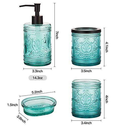 5PCs Teal Blue Glass Bathroom Accessories Set & Toilet Brush and Holder with Decorative Pressed Pattern - Includes Hand Soap Dispenser & Tumbler & Soap Dish & Toothbrush Holder& Toilet Brush and Holde