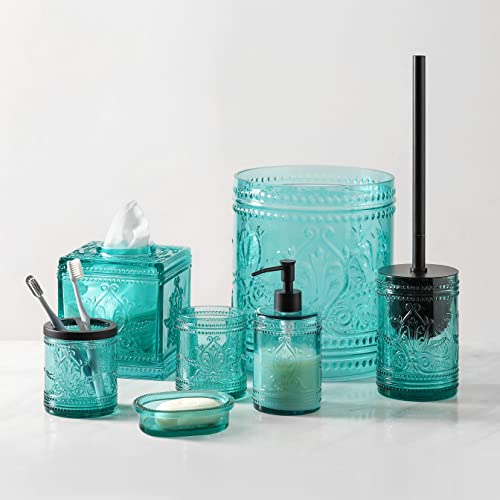 5PCs Teal Blue Glass Bathroom Accessories Set & Toilet Brush and Holder with Decorative Pressed Pattern - Includes Hand Soap Dispenser & Tumbler & Soap Dish & Toothbrush Holder& Toilet Brush and Holde