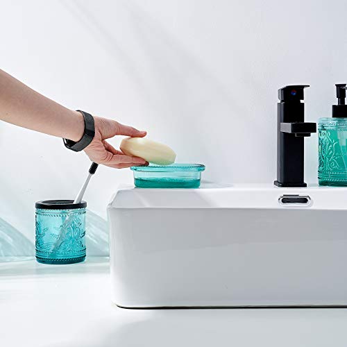 5PCs Teal Blue Glass Bathroom Accessories Set & Toilet Brush and Holder with Decorative Pressed Pattern - Includes Hand Soap Dispenser & Tumbler & Soap Dish & Toothbrush Holder& Toilet Brush and Holde