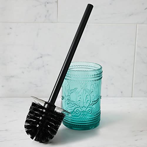 5PCs Teal Blue Glass Bathroom Accessories Set & Toilet Brush and Holder with Decorative Pressed Pattern - Includes Hand Soap Dispenser & Tumbler & Soap Dish & Toothbrush Holder& Toilet Brush and Holde