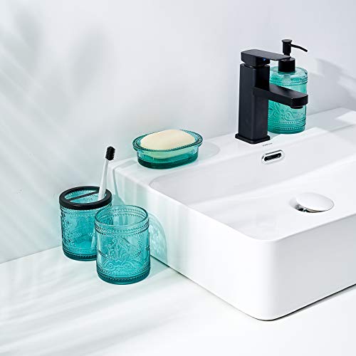 5PCs Teal Blue Glass Bathroom Accessories Set & Toilet Brush and Holder with Decorative Pressed Pattern - Includes Hand Soap Dispenser & Tumbler & Soap Dish & Toothbrush Holder& Toilet Brush and Holde