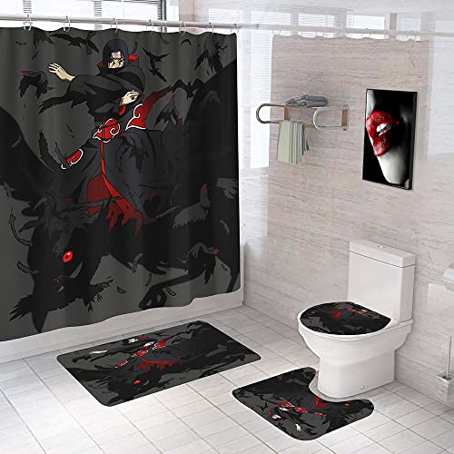 4 Piece Cool Anime Shower Curtain Set with Non-Slip Rug Toilet Lid Cover Bath Mat，Waterproof Shower Curtains Sets for Bathroom With12 Hooks 60X72 inches, 11