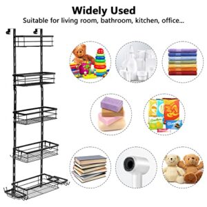 PINPON Over the Door Shower Caddy 5-tier Adjustable Hanging Shower Organizer with 8 Hooks Extra Large Metal Rustproof Bathroom Shelves Rack with 2 Detachable Soap Holder(Black)