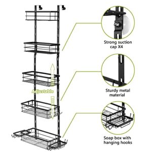 PINPON Over the Door Shower Caddy 5-tier Adjustable Hanging Shower Organizer with 8 Hooks Extra Large Metal Rustproof Bathroom Shelves Rack with 2 Detachable Soap Holder(Black)