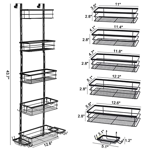 PINPON Over the Door Shower Caddy 5-tier Adjustable Hanging Shower Organizer with 8 Hooks Extra Large Metal Rustproof Bathroom Shelves Rack with 2 Detachable Soap Holder(Black)