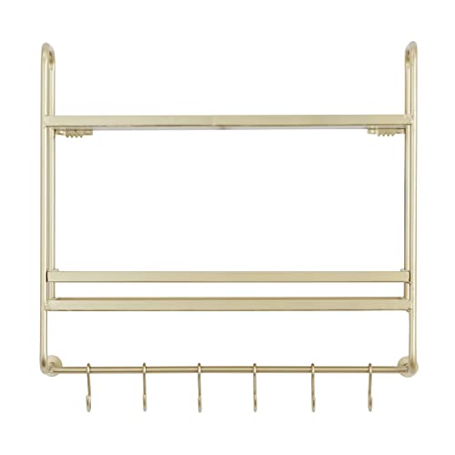 CosmoLiving by Cosmopolitan Metal Rectangle Wall Shelf with Hooks, 20" x 5" x 20", Gold