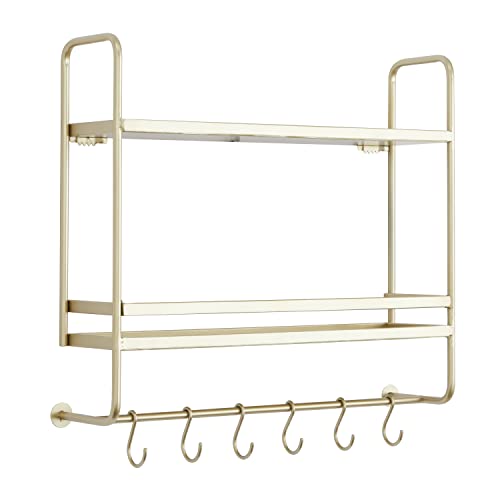 CosmoLiving by Cosmopolitan Metal Rectangle Wall Shelf with Hooks, 20" x 5" x 20", Gold