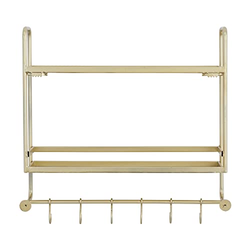 CosmoLiving by Cosmopolitan Metal Rectangle Wall Shelf with Hooks, 20" x 5" x 20", Gold