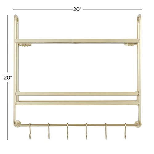 CosmoLiving by Cosmopolitan Metal Rectangle Wall Shelf with Hooks, 20" x 5" x 20", Gold