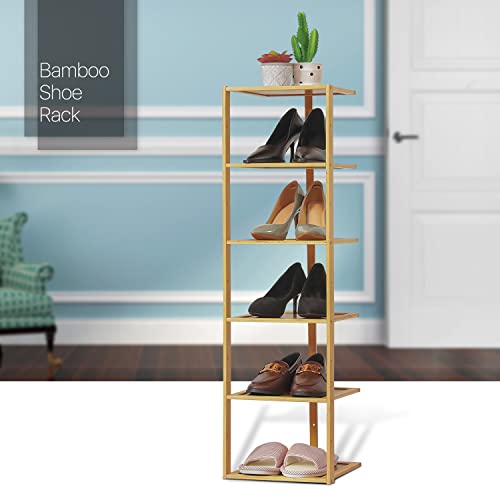 MoNiBloom Bamboo Narrow Shoe Rack Storage Space Saving Single Pairs Shoe Organizer for Small Spaces Corner Bedroom Hallway Entryway Balcony Patio (6 Shelves, Natural)