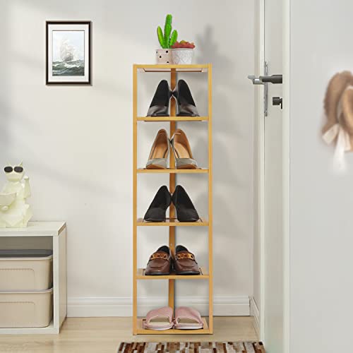 MoNiBloom Bamboo Narrow Shoe Rack Storage Space Saving Single Pairs Shoe Organizer for Small Spaces Corner Bedroom Hallway Entryway Balcony Patio (6 Shelves, Natural)